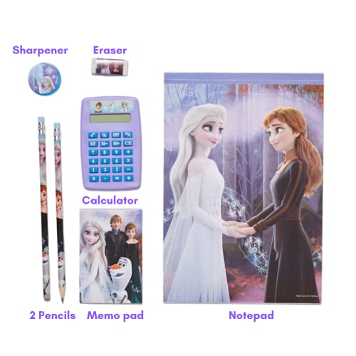 RALME Disney Frozen Back to School Bundle for Girls with Backpack, Lunch Box, and 7 Pc. Calculator & School Supplies Set