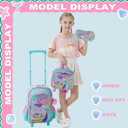 ZBAOGTW Mermaid Rolling Backpack for Girls with Lunch Box Kids Backpack with Wheels for School Sequin Rolling Backpack for Kindergarten Girls Trolley Trips Kids Luggage