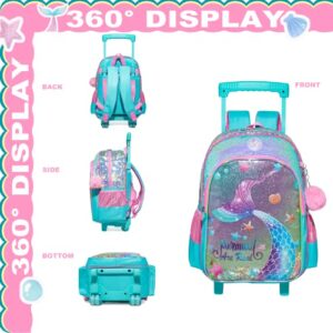 ZBAOGTW Mermaid Rolling Backpack for Girls with Lunch Box Kids Backpack with Wheels for School Sequin Rolling Backpack for Kindergarten Girls Trolley Trips Kids Luggage