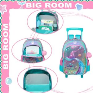 ZBAOGTW Mermaid Rolling Backpack for Girls with Lunch Box Kids Backpack with Wheels for School Sequin Rolling Backpack for Kindergarten Girls Trolley Trips Kids Luggage