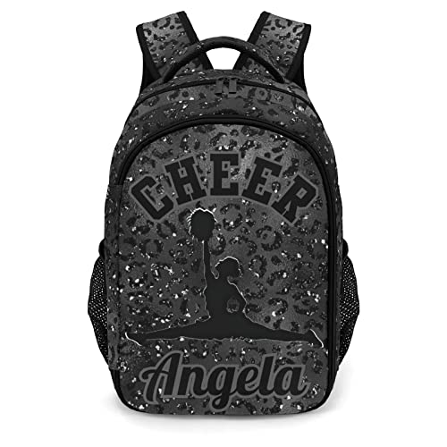 Anneunique Personalized Cheerleader Backpack Casual Bag Daypack for Women Men Camping Hiking Leopard Bling Print Black Cheer