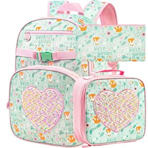 txhvo 3pcs kids backpack for girls, 16” preschool bookbag with lunch box, cute girl sequin backpacks for elementary school