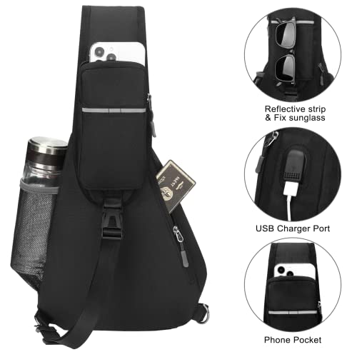 WEREWOLVES Sling Bag Crossbody Sling Backpack with USB Charging Port, Water Resistant Shoulder Bag Outdoor Travel Hiking Daypack Unisex Casual Daypack (Black)