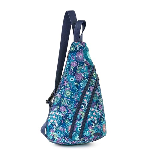 Sakroots On The Go Large Sling Backpack in Eco-Twill, Convertible Crossbody Bag, Royal Blue Seascape