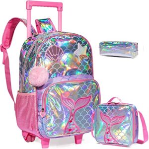 zbaogtw mermaid rolling backpack for girls kids backpack with wheels for elementary kindergarten girls wheeled backpack carry on luggage for school travel