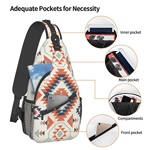 Aztec Ethnic Pattern Design Sling Bag Crossbody Backpack,Native Southwestern American Tribal Geometric Pattern Chest Bag Adjustable Shoulder Backpack Navajo Print Travel Hiking Daypack For Men Women