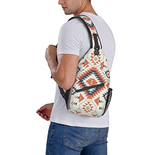 Aztec Ethnic Pattern Design Sling Bag Crossbody Backpack,Native Southwestern American Tribal Geometric Pattern Chest Bag Adjustable Shoulder Backpack Navajo Print Travel Hiking Daypack For Men Women