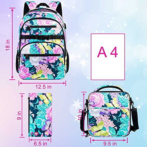 Laptop Backpack, 16 Inch School Bag College Bookbag, Anti Theft Daypack Bags and Lunch Bag Set, Water Resistant Sunflower Flowers Backpacks for Teens Girls Women Students