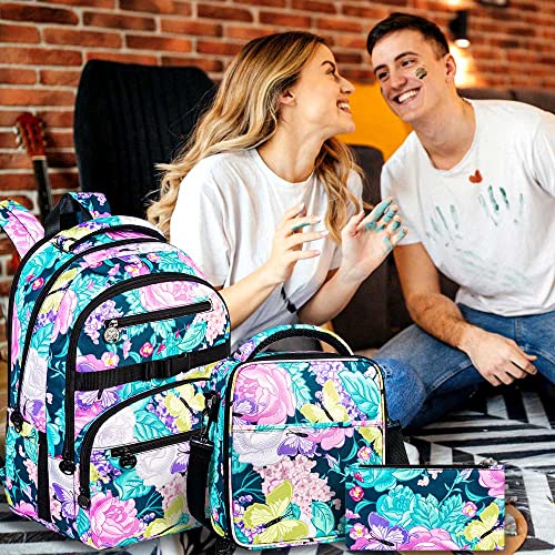 Laptop Backpack, 16 Inch School Bag College Bookbag, Anti Theft Daypack Bags and Lunch Bag Set, Water Resistant Sunflower Flowers Backpacks for Teens Girls Women Students