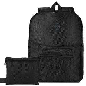 morecoo fold-up travel backpack | derby black | everyday lightweight, packable travel hiking nylon daypack | carry on luggage bag with trolley sleeve