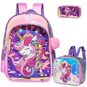 egchescebo kids girls travel school teen girl preschool kid clear 3pcs unicorn braid backpack with plush lunch box bags kids' backpacks for school elementary teenage gifts trendy stuff toddler pink