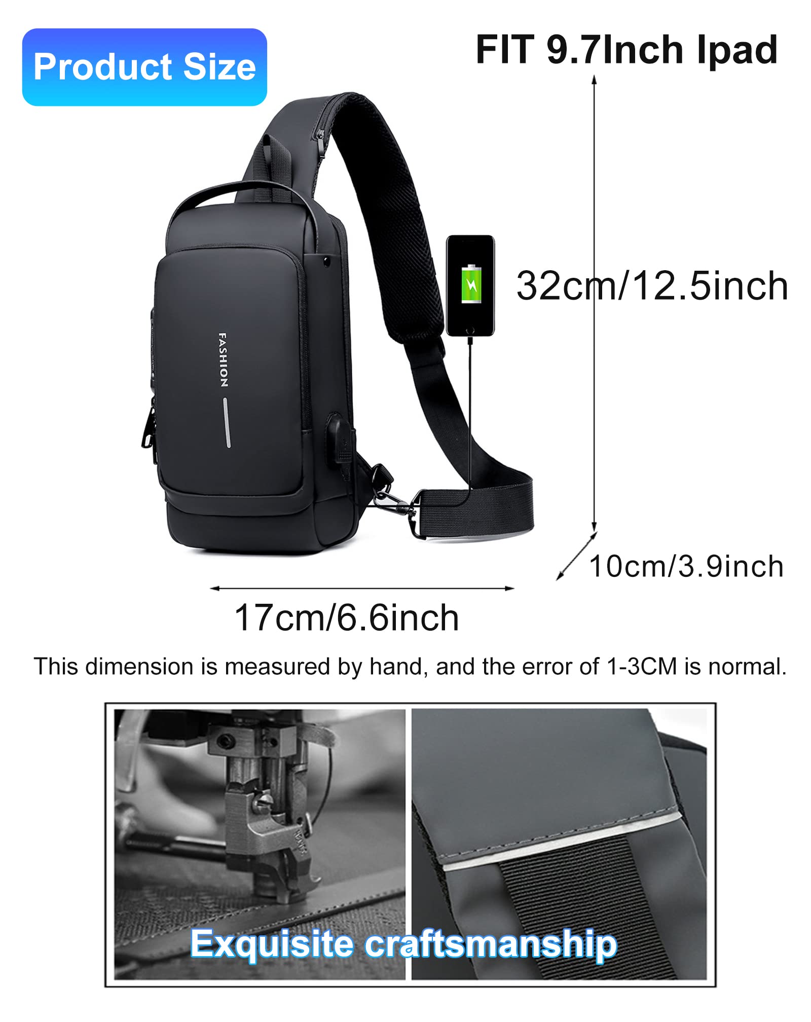 Geanbun Sling Bag Anti-Theft USB Crossbody Backpack Waterproof Chest Daypack Lightweight Shoulder Bag (Black)