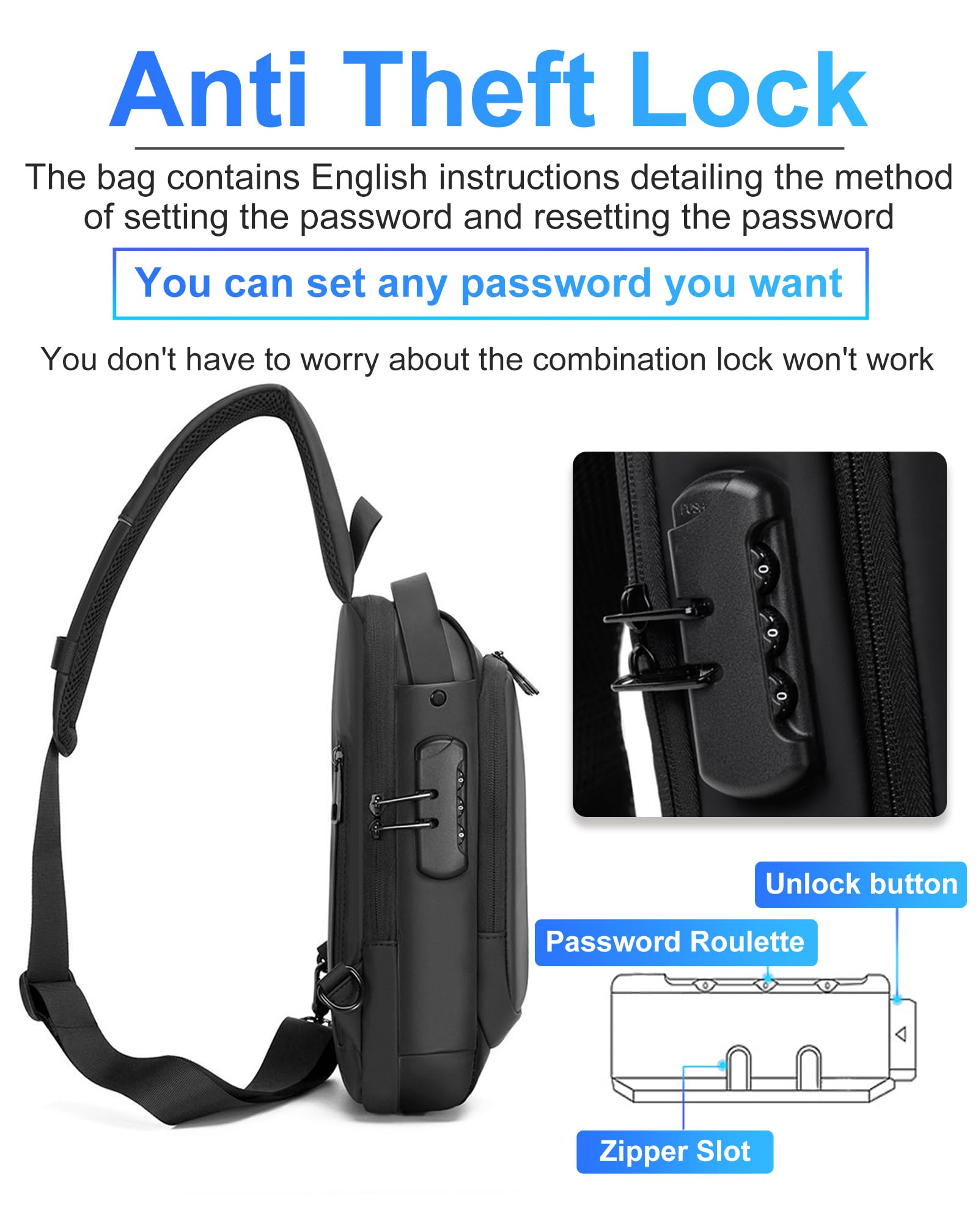 Geanbun Sling Bag Anti-Theft USB Crossbody Backpack Waterproof Chest Daypack Lightweight Shoulder Bag (Black)