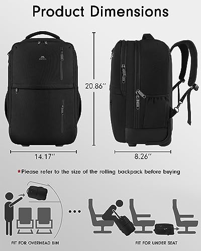 MATEIN Rolling Backpack, 17 Inch Travel Laptop Backpacks with Wheels, Water Resistant Large Roller Carry On Luggage Wheeled Backpack, Trolley Overnight Suitcase Business College Computer Bag, Black