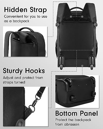 MATEIN Rolling Backpack, 17 Inch Travel Laptop Backpacks with Wheels, Water Resistant Large Roller Carry On Luggage Wheeled Backpack, Trolley Overnight Suitcase Business College Computer Bag, Black