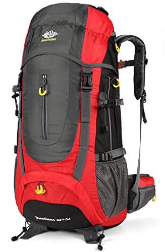 Esup 70L Hiking Backpack Camping Backpack Backpacking Backpack, Mountaineering Backpack with 65L+5L Rain Cover (Red)