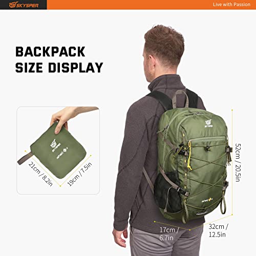 SKYSPER Packable Hiking Backpack 30L Lightweight Daypack Travel Backpacks for Women Men（Green）