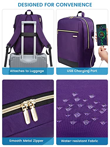 LOVEVOOK Laptop Backpack Women, 15.6 inch Lightweight Smart Work Backpack Travel Bag, Casual Daypack for Business Commuter, Water Resistant Book Bag with USB Charger for College, Purple