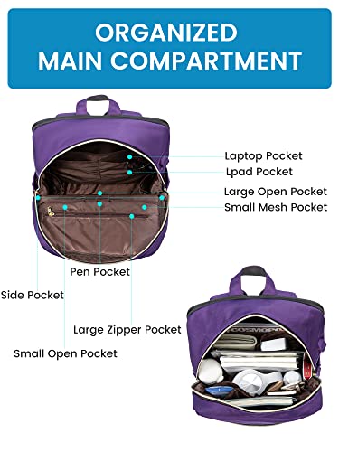 LOVEVOOK Laptop Backpack Women, 15.6 inch Lightweight Smart Work Backpack Travel Bag, Casual Daypack for Business Commuter, Water Resistant Book Bag with USB Charger for College, Purple