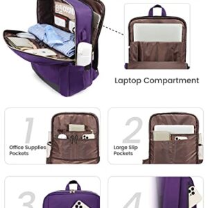 LOVEVOOK Laptop Backpack Women, 15.6 inch Lightweight Smart Work Backpack Travel Bag, Casual Daypack for Business Commuter, Water Resistant Book Bag with USB Charger for College, Purple