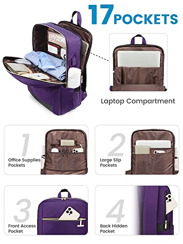 LOVEVOOK Laptop Backpack Women, 15.6 inch Lightweight Smart Work Backpack Travel Bag, Casual Daypack for Business Commuter, Water Resistant Book Bag with USB Charger for College, Purple