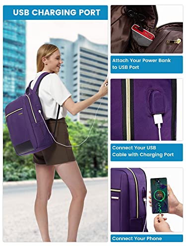 LOVEVOOK Laptop Backpack Women, 15.6 inch Lightweight Smart Work Backpack Travel Bag, Casual Daypack for Business Commuter, Water Resistant Book Bag with USB Charger for College, Purple