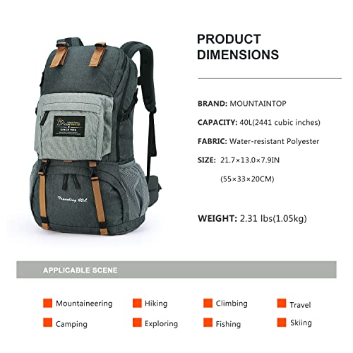 MOUNTAINTOP 40L Hiking Backpack for Women & Men Outdoor Travel Camping Day Pack with Rain Cover, 21.7 x 13 x 7.9 in, Dark Grey