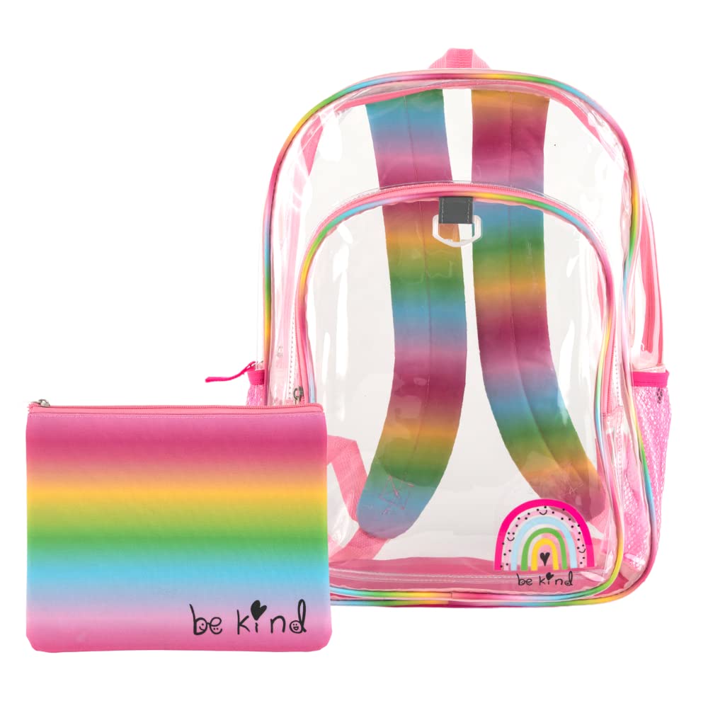 CLUB LIBBY LU Rainbow Clear Backpack for School, 16 inch Stadium Approved Transparent Bag with Matching “Be Kind” Pencil Pouch, 3 Piece Set