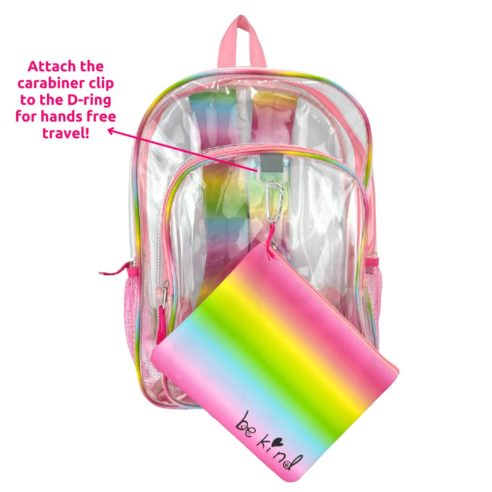 CLUB LIBBY LU Rainbow Clear Backpack for School, 16 inch Stadium Approved Transparent Bag with Matching “Be Kind” Pencil Pouch, 3 Piece Set