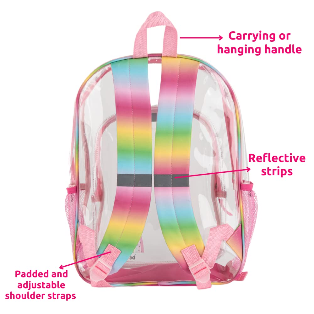 CLUB LIBBY LU Rainbow Clear Backpack for School, 16 inch Stadium Approved Transparent Bag with Matching “Be Kind” Pencil Pouch, 3 Piece Set