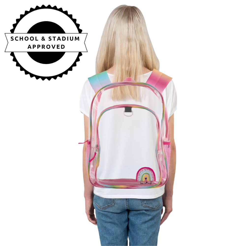 CLUB LIBBY LU Rainbow Clear Backpack for School, 16 inch Stadium Approved Transparent Bag with Matching “Be Kind” Pencil Pouch, 3 Piece Set