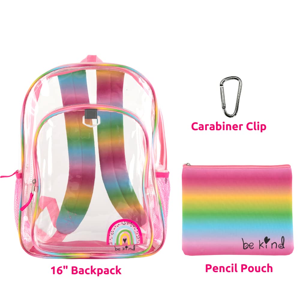 CLUB LIBBY LU Rainbow Clear Backpack for School, 16 inch Stadium Approved Transparent Bag with Matching “Be Kind” Pencil Pouch, 3 Piece Set