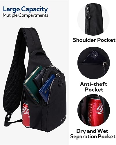 WATERFLY Crossbody Casual Bag Daypack: Small Sling Bag with Wet Bag for Men Black