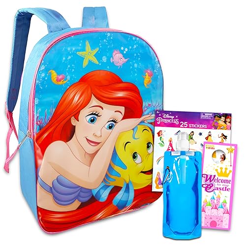 Ariel Backpack for Toddler Girls - Bundle with 15” Little Mermaid Backpack for Girls 4-6, Disney Princess Stickers, Water Pouch, More | Disney Little Mermaid Backpack Kids