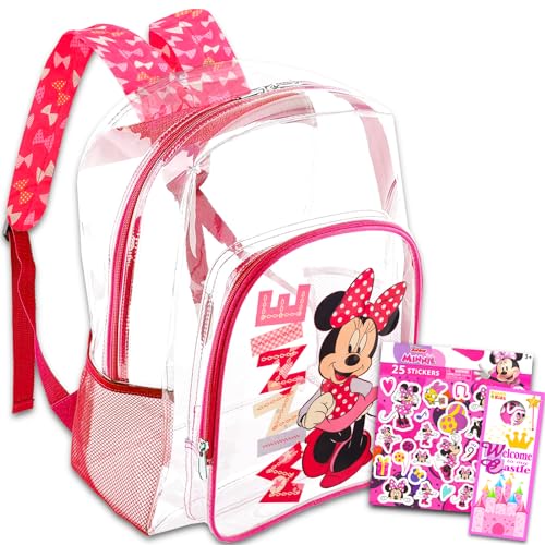 Fast Forward Minnie Clear Backpack - Bundle with Minnie Mouse Backpack for Girls 16 Inch, Minnie Stickers, More | Transparent Minnie Backpack for Kids School Supplies