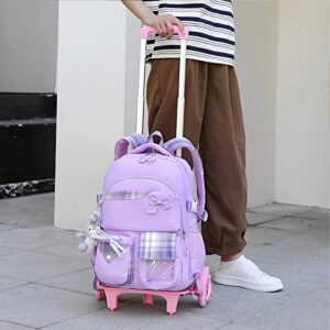 GLOOMALL Cute Rolling Backpack School Girls Boys, Lightweight Trolley Travel Bag with 6 Wheels Classic Roller Luggage (Purple bow)