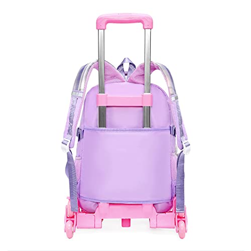 GLOOMALL Cute Rolling Backpack School Girls Boys, Lightweight Trolley Travel Bag with 6 Wheels Classic Roller Luggage (Purple bow)