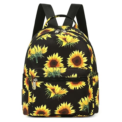 LSNOYRD Sunflower Mini Backpack Purse, Women Teen Girl Teenager 13 Inch Black Floral Flower Cute Kawaii Purse, Medium Size Nylon Small Backpack Bookbag Travel Shoulder Back Pack with Side Pocket