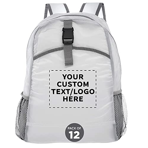 DISCOUNT PROMOS Custom Lightweight Travel Packable Backpacks Set of 12, Personalized Bulk Pack - Perfect for Camping, Outdoor Sports - White