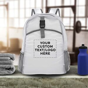 DISCOUNT PROMOS Custom Lightweight Travel Packable Backpacks Set of 12, Personalized Bulk Pack - Perfect for Camping, Outdoor Sports - White