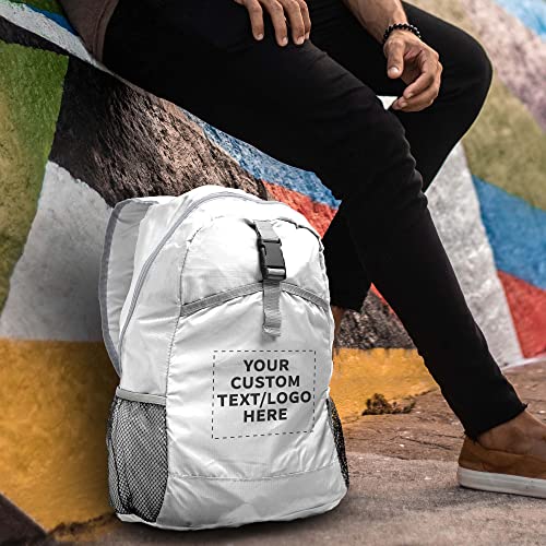 DISCOUNT PROMOS Custom Lightweight Travel Packable Backpacks Set of 12, Personalized Bulk Pack - Perfect for Camping, Outdoor Sports - White