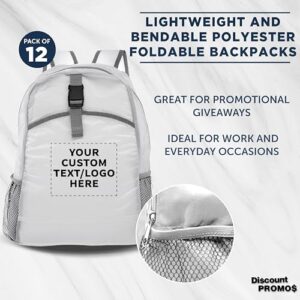 DISCOUNT PROMOS Custom Lightweight Travel Packable Backpacks Set of 12, Personalized Bulk Pack - Perfect for Camping, Outdoor Sports - White