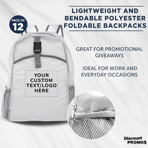 DISCOUNT PROMOS Custom Lightweight Travel Packable Backpacks Set of 12, Personalized Bulk Pack - Perfect for Camping, Outdoor Sports - White