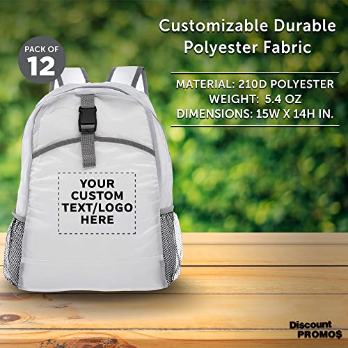 DISCOUNT PROMOS Custom Lightweight Travel Packable Backpacks Set of 12, Personalized Bulk Pack - Perfect for Camping, Outdoor Sports - White