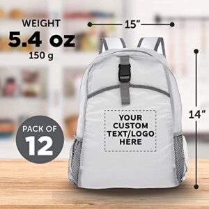 DISCOUNT PROMOS Custom Lightweight Travel Packable Backpacks Set of 12, Personalized Bulk Pack - Perfect for Camping, Outdoor Sports - White