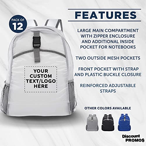 DISCOUNT PROMOS Custom Lightweight Travel Packable Backpacks Set of 12, Personalized Bulk Pack - Perfect for Camping, Outdoor Sports - White