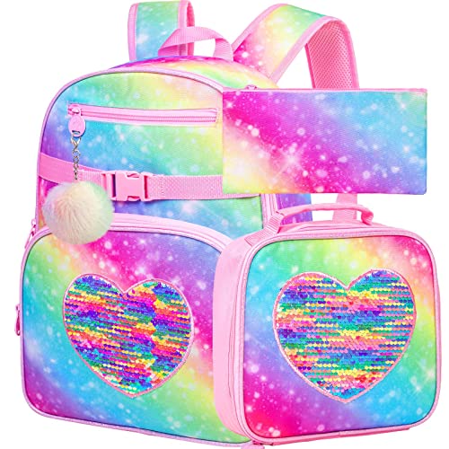 ZLYERT 3PCS Girls Backpack, Rainbow Kids Backpacks for Elementary Preschool Students, 16" Sequin Bookbag with Lunch Box for Girl