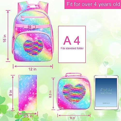 ZLYERT 3PCS Girls Backpack, Rainbow Kids Backpacks for Elementary Preschool Students, 16" Sequin Bookbag with Lunch Box for Girl