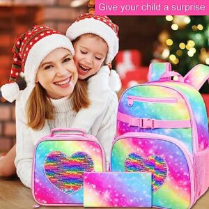 ZLYERT 3PCS Girls Backpack, Rainbow Kids Backpacks for Elementary Preschool Students, 16" Sequin Bookbag with Lunch Box for Girl