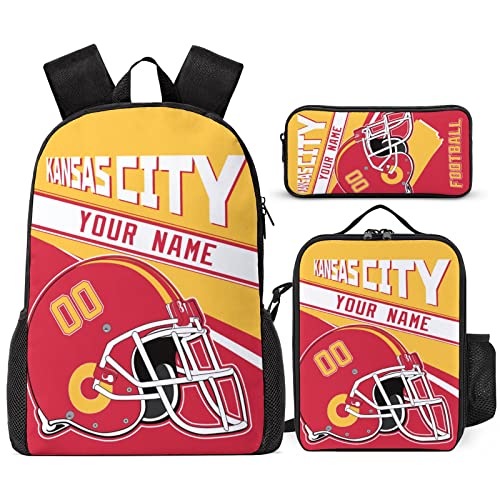 mdbozli Kansas City Custom Football Backpack 3 Piece Set Add Your Name And Nume School Bag with Lunch Box and Pen Case Set Gift for Boys Girls